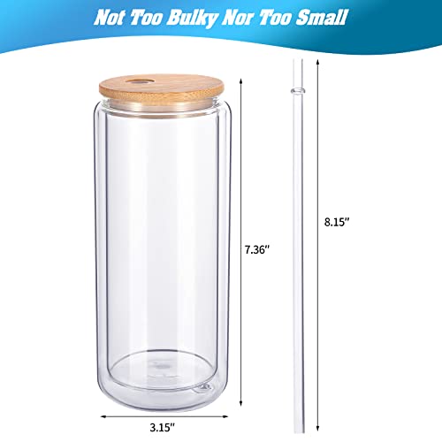 YOUKE OLA 4 Pack Double Wall Glass Cans Blank with Bamboo Lid & Straws, Pre Drilled Beer Can Glass for Snow Globe glitter (Clear 16oz