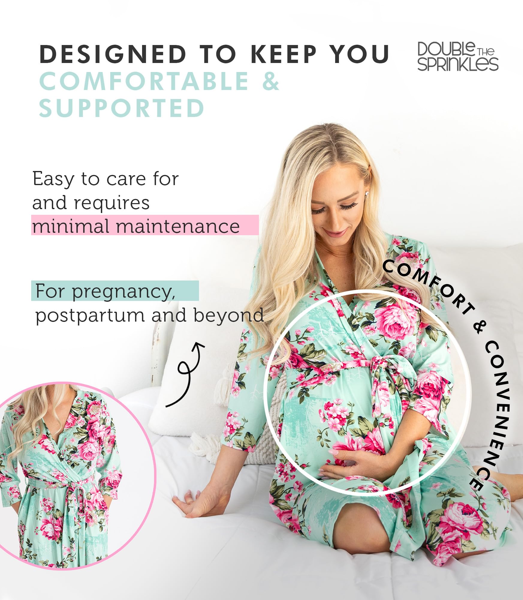 DOUBLE THE SPRINKLES Maternity Robe & Swaddle Set, Mom & Baby Me Outfits Matching, Hospital Gown, Blanket & Hat.