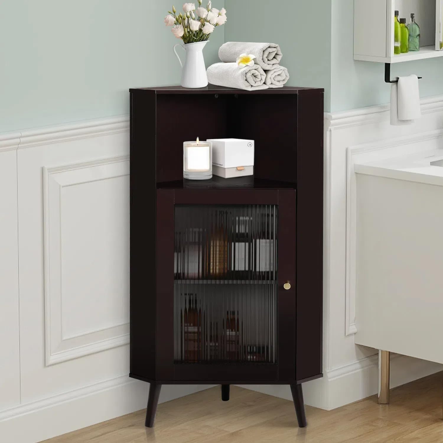 LQFATEST Bathroom Corner Cabinet, Small Floor Corner Cabinet, Free-Standing Corner Storage Cabinet with Glass Door & Adjustable Shelves, for Bathroom, Kitchen, Dark Brown