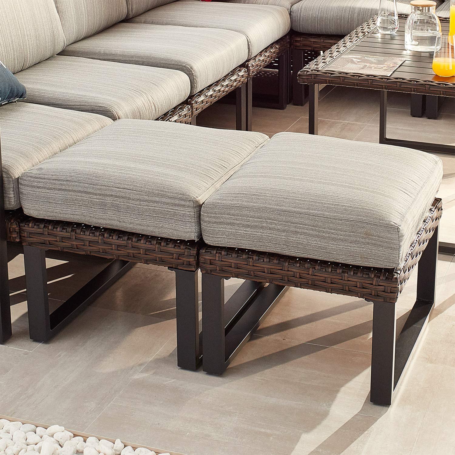 PatioFestival Patio Ottoman Outdoor Cushioned Wicker Foot Stool with All Weather Galvanized Steel (Grey, 23.6" W x 23.6" D x 13.7" H)