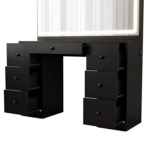 IRONCK Vanity Desk Set with LED Lighted Mirror & Power Outlet, 7 Drawers Makeup Vanities Dressing Table with Stool, for Bedroom, Black
