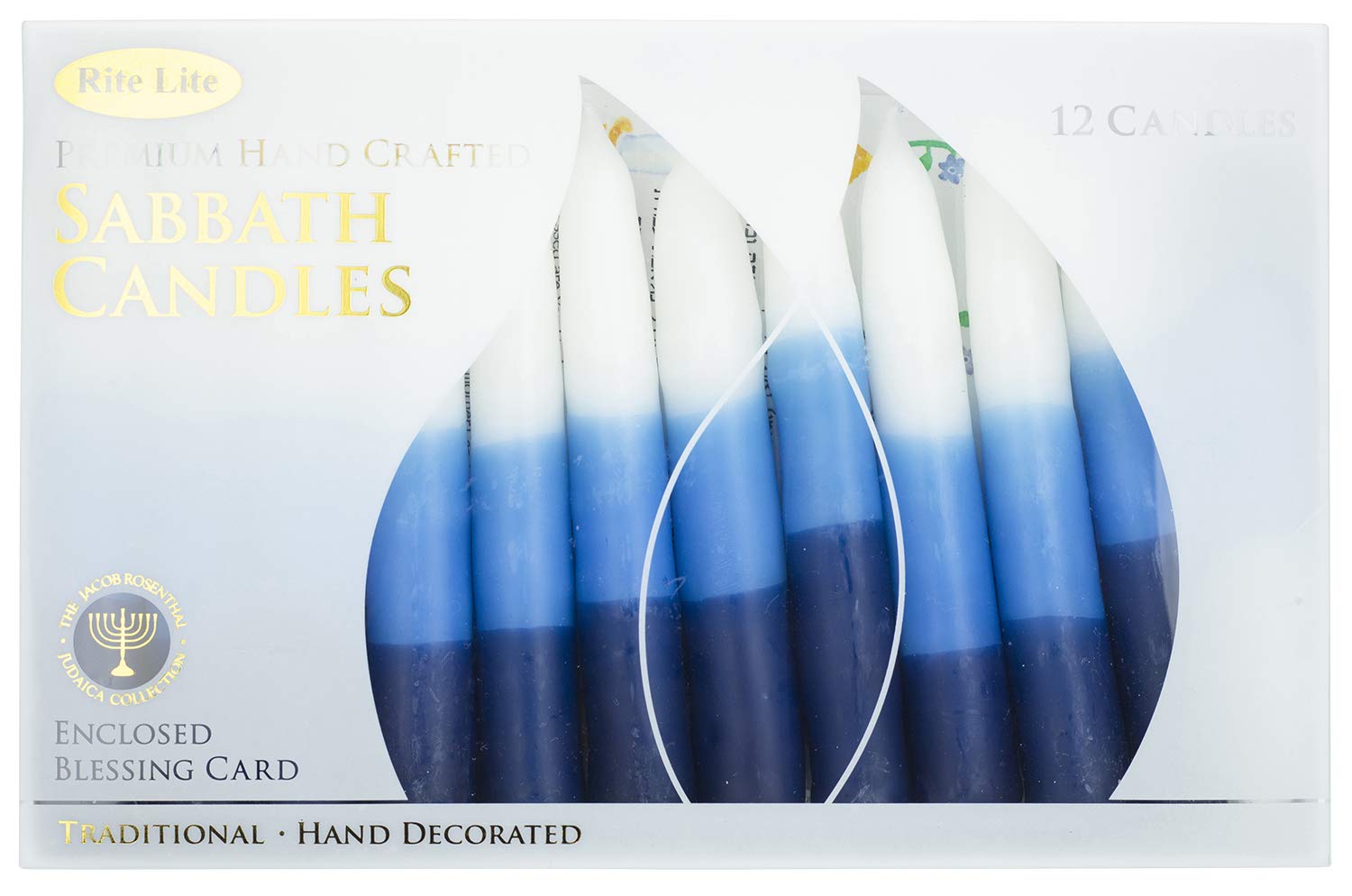 Shabbat Candles by Rite Lite - 12 Pieces - Packaged in a Beautiful Box with an Artistic Card (White & Blue)