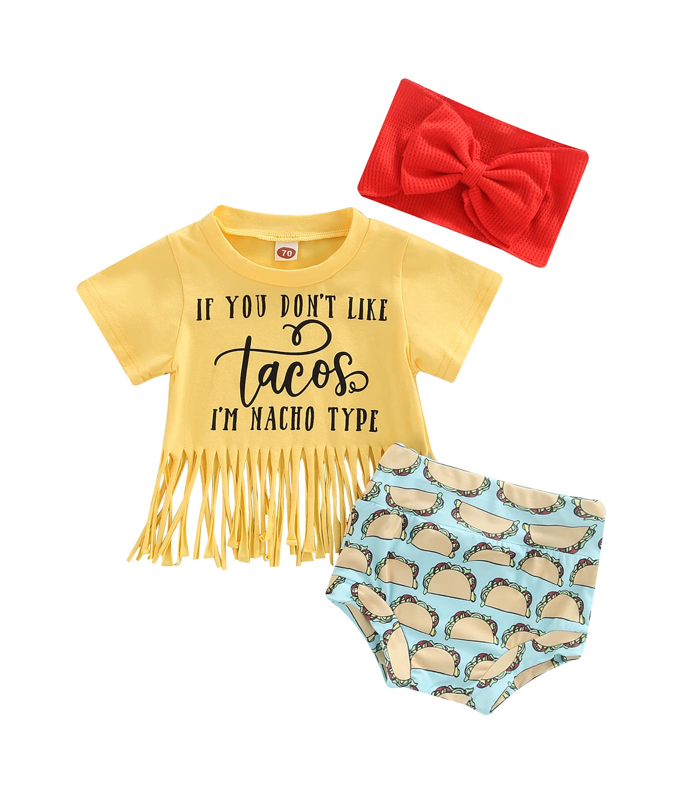 Newborn Infant Baby Girl Outfit 3pcs Letter Print Western Clothes Sets Short Sleeve Tassel T-Shirts Shorts (Yellow, 0-6 Months)
