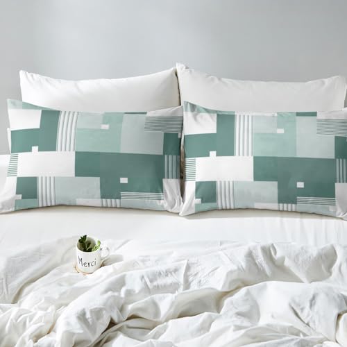 jejeloiu Geometric Sheet Set Full Size Kids White Green Geometry Square Sheets with Deep Pocket Fitted Sheet for Boys Girls Teens Modern Striped Art Bed Sheets Set Luxury Bedding Set Room Decor