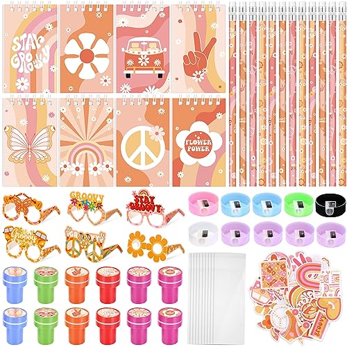 Honoson 122 Pcs Groovy Party Favors Retro Hippie Stationery Set Classroom Reward Prizes Notepads Pencils Badges Sharpeners Glasses Stickers Gift Bags for Kids Boho Birthday Two Groovy Party Supplies