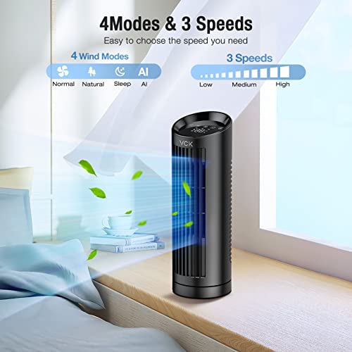 VCK Tower Fan, 80° Oscillating Fan with Remote Control, 13'' Portable Small Desk Fan, Adjustable 3 Speed, 12h Timer, 4 Mode, Personal Quiet Cooling Bladeless Table Fan For Bedroom Office Desktop