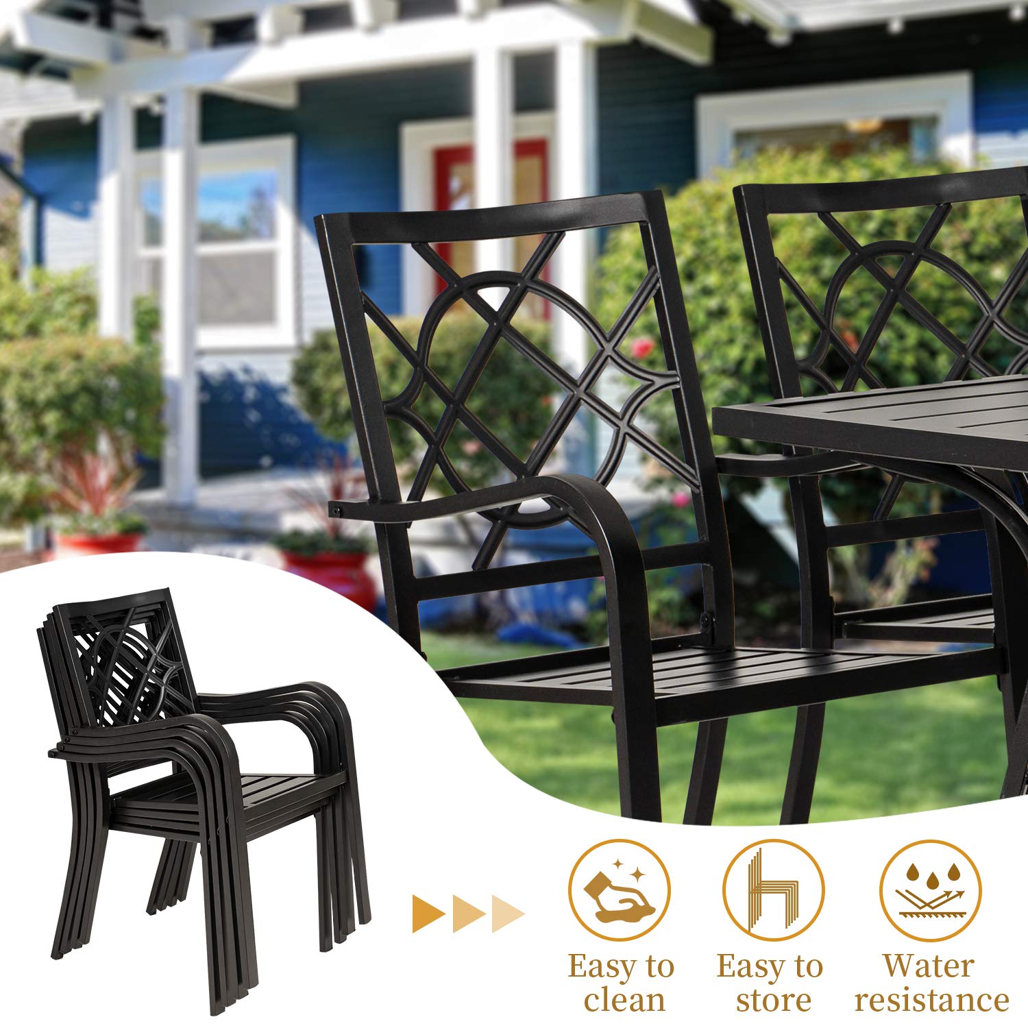 Patiomore 7 Piece Outdoor Patio Dining Set, Metal Furniture Set Rectangular Slatted Dining Table with Umbrella Holes & 6 Stackable Backyard Garden Chairs