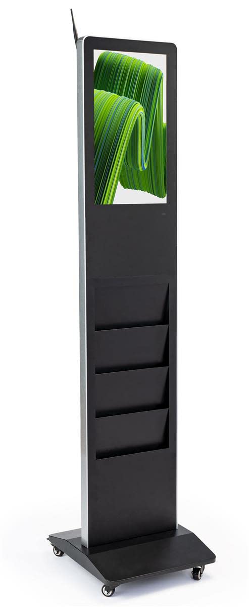 Displays2go 21.5" Screen Freestanding Digital Magazine Rack, 8.5" w, Android OS w/WiFi – Black (DG21FLR7)