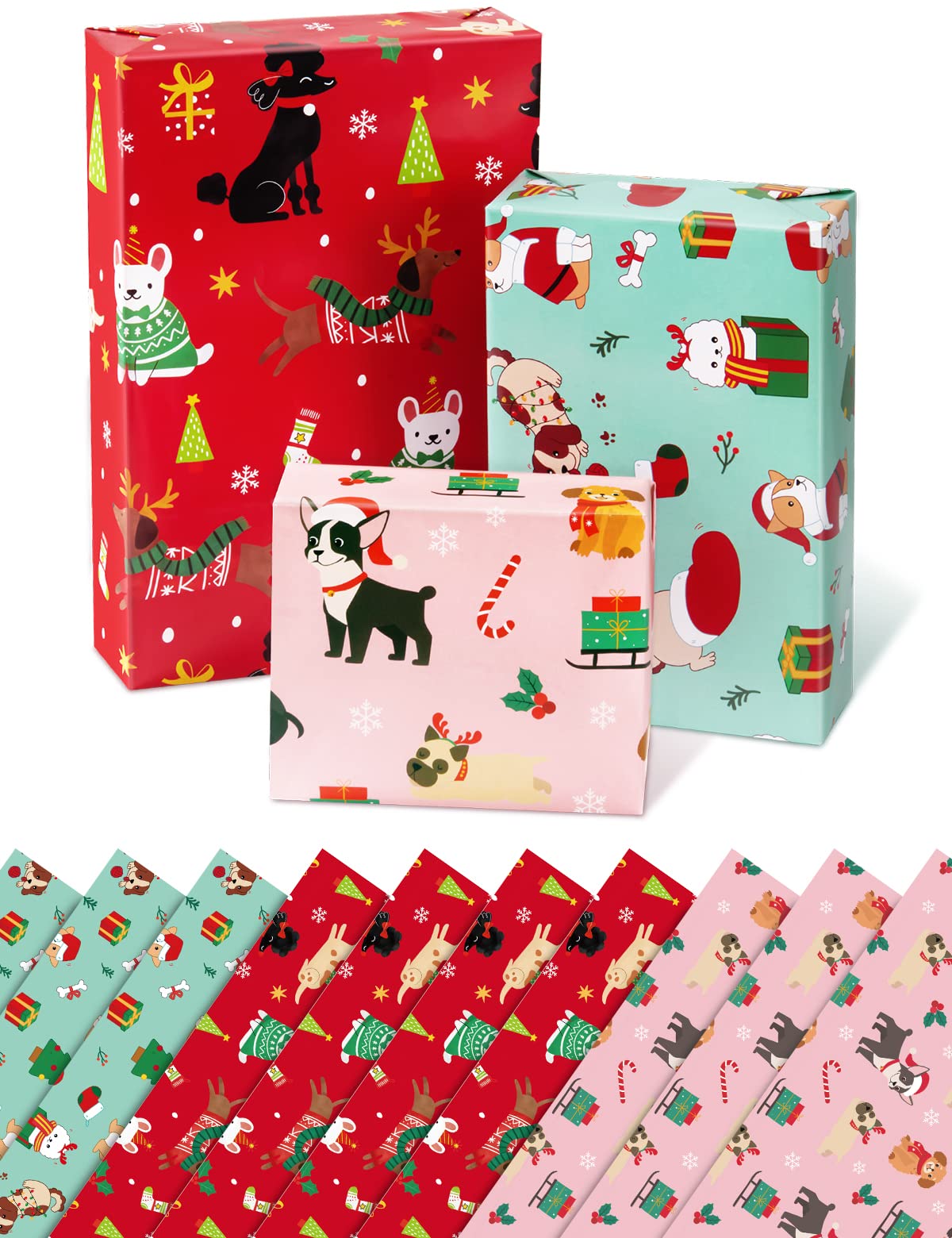 Dog Christmas Wrapping Paper - 10 Sheets, 27 x 20 inches, Holiday Gift Wrap with Puppy and Animal Prints