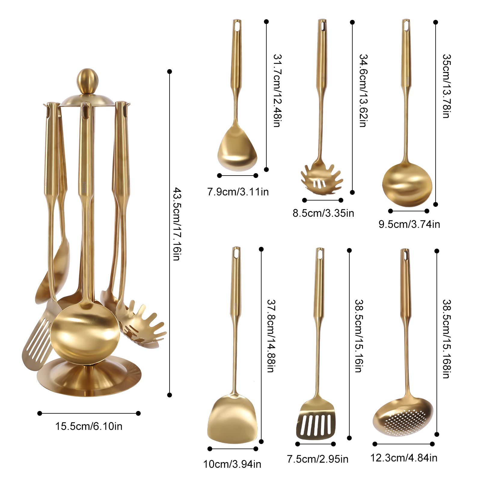 CNCEST 7Pcs Gold Kitchen Cooking Utensil Set With Utensil Stand,Soup Ladle Work Spatula,Suitable For Home, Hotel, and Restaurant