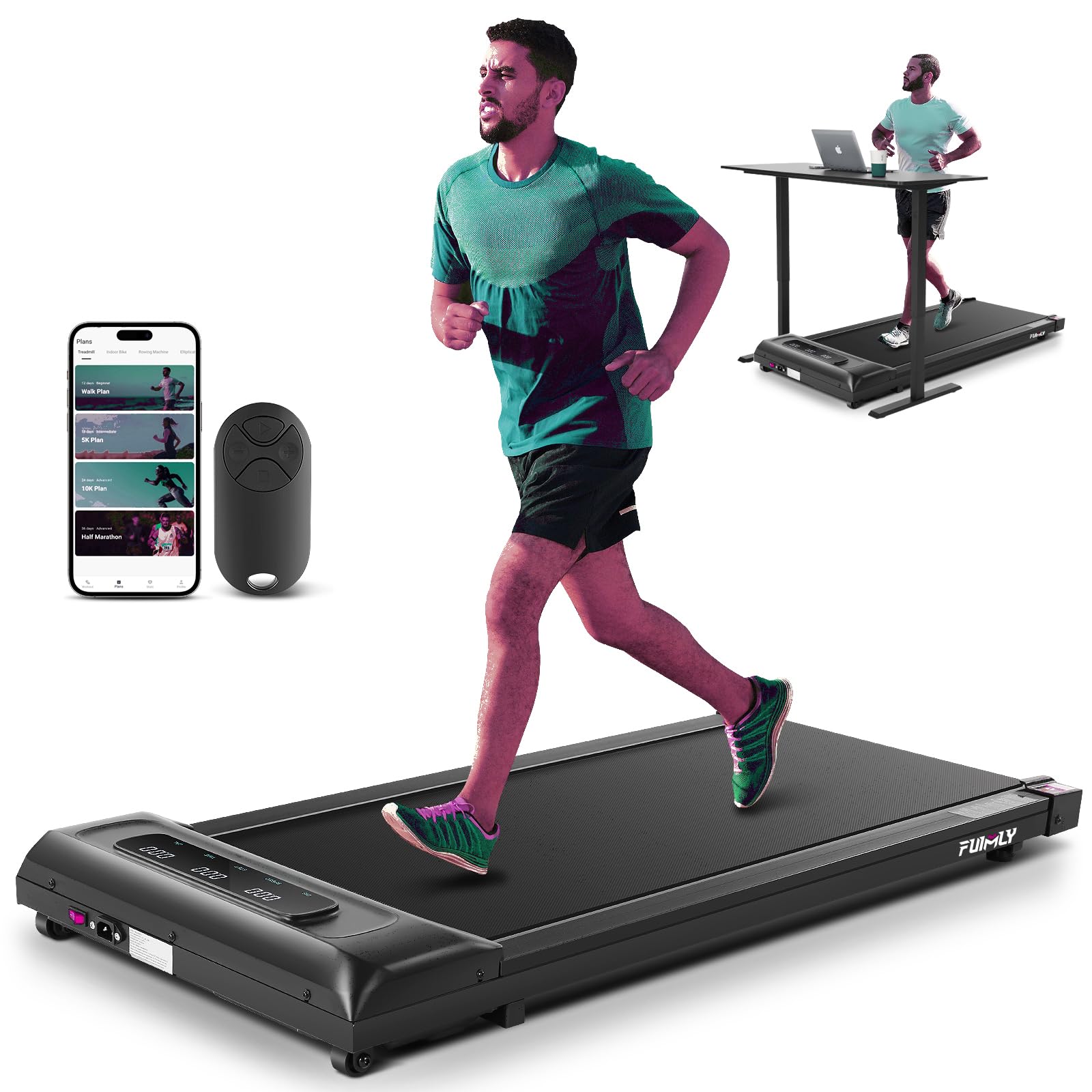FUNMILY Walking Pad Treadmill Under Desk, 3 in 1 Desk Treadmill for Home Office, Portable Treadmill 300lbs Capacity Smart 2.5 HP Walking Pad Works with APP, Installation Free