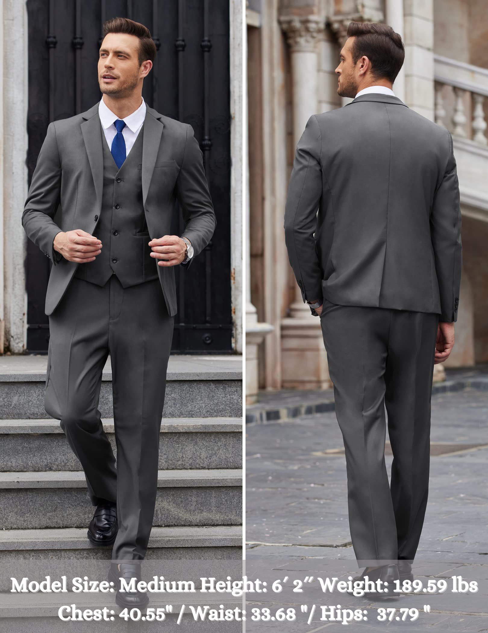 COOFANDY Mens Slim Fit Dress Suit Formal Business Blazer Wedding Prom Blazer Jacket Vest Pants (Dark Grey XS)