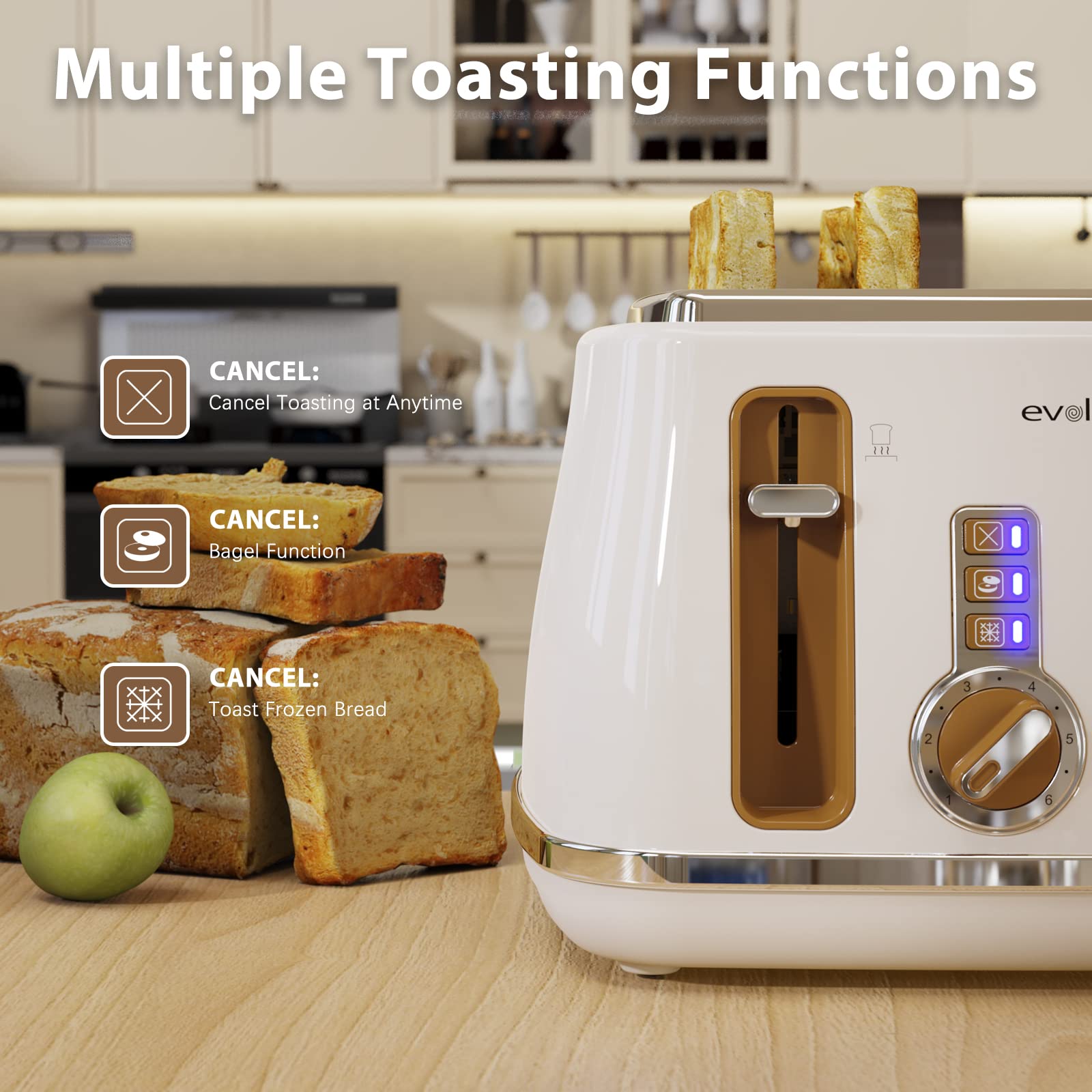 evoloop Toaster 4 Slice, Oversize Retro Stainless Steel Bread Toaster with Dual Independent Control Panels, 6 Browning Level, Bagel, Defrost & Cancel, -1.5" Extra Wide Slots, Removable Crumb Tray