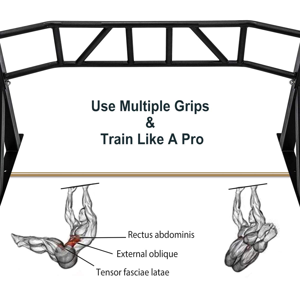 Wall Mount Pull-Up Bar - 47” Multi-Grip Chin-Up Station with Hangers for Punching Bags, Power Ropes for Home Gym Strength Training Equipment (Black.)