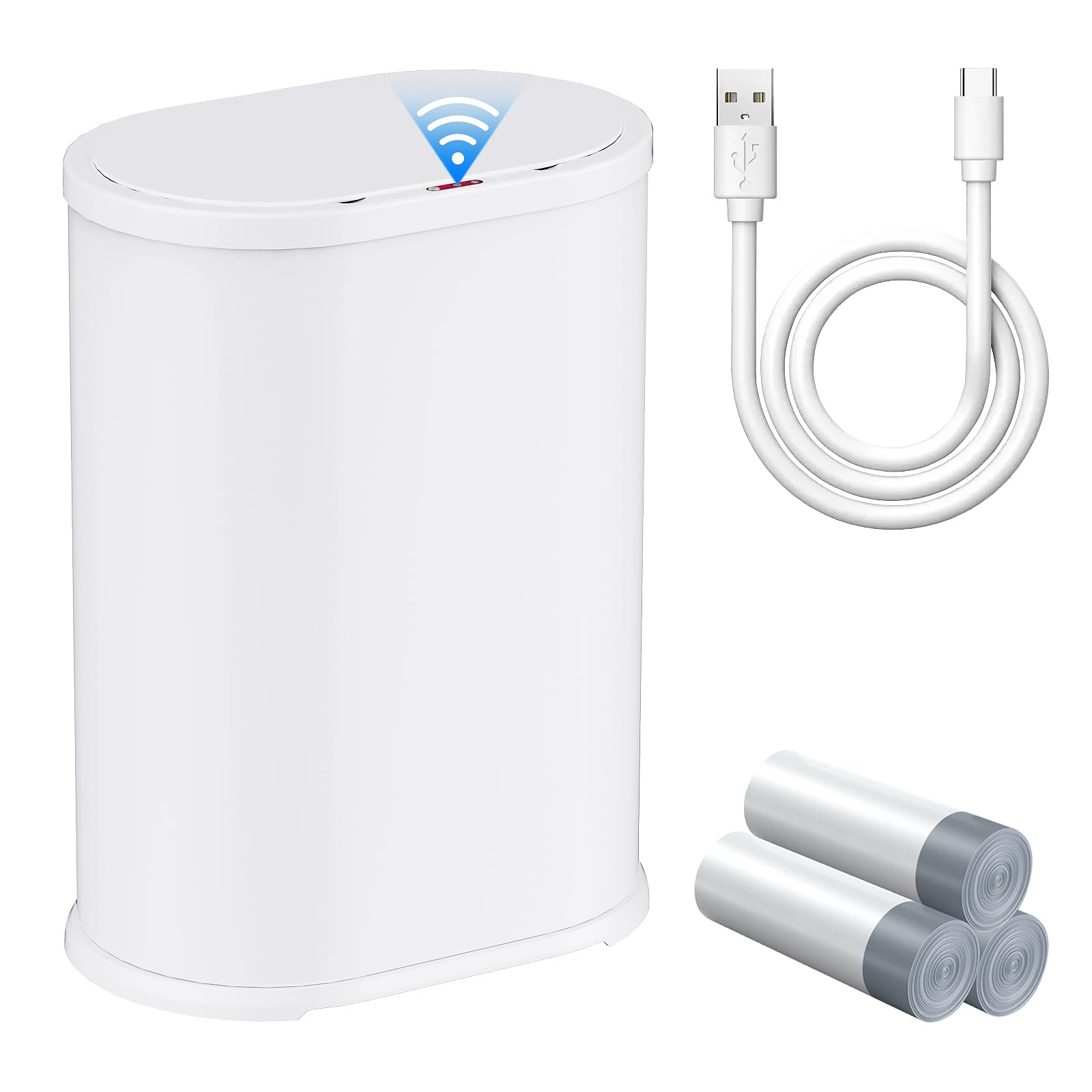 KUK Stainless Steel Bathroom Trash Can Automatic Touchless with Removable Inner Bucket, Waterproof, 1.6 Gallon Smart Trash Can with Lid for Bathroom Bedroom, Office - White