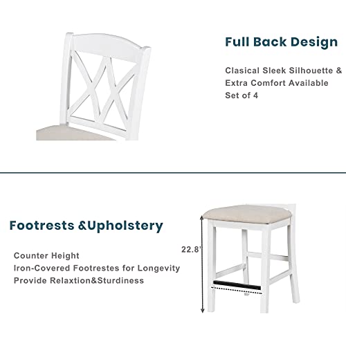 JIVOIT Counter Height 5-Piece Dining Table Set with 4 Upholstered Chairs, Solid Wood Casual Kitchen Set with 1 Storage Drawer, Save-Space Dining Table Set for 4 (White+Beige 001)