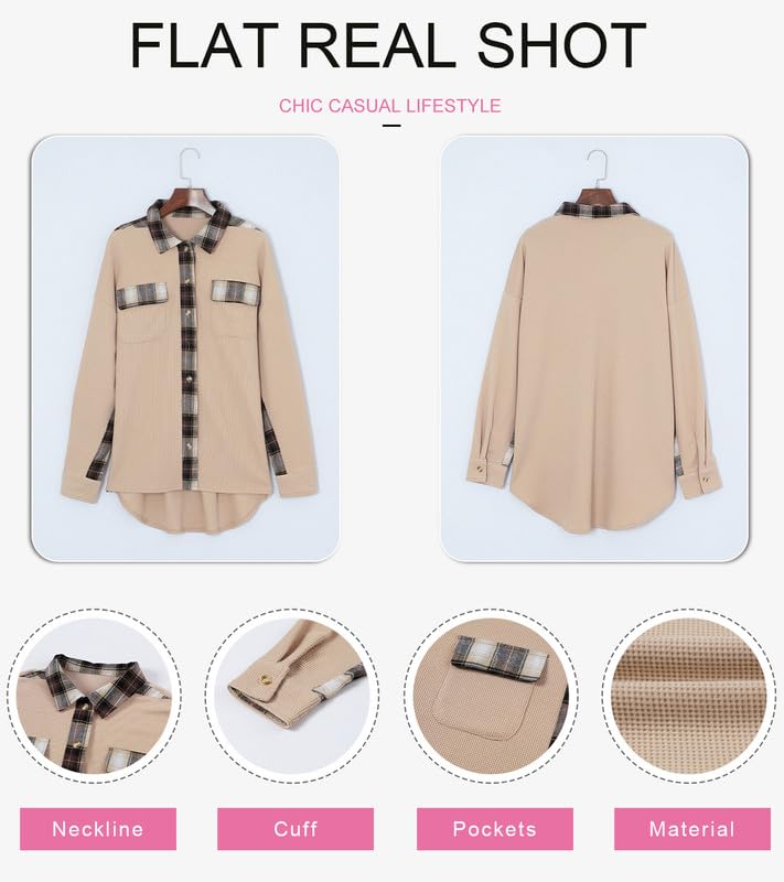 SHEWIN Womens Waffle Knit Plaid Shacket Button Down Shirts Jacket Boyfriend Shirts Long Sleeve Tops Fall Clothes for Women 2023 Apricot S