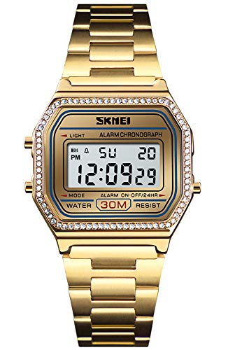 PASOY Men's Digital Gold Stainless Steel Watch Backlit Multifunction Stopwatch Waterproof Sport Watches (Gold with Crystal Bezel)