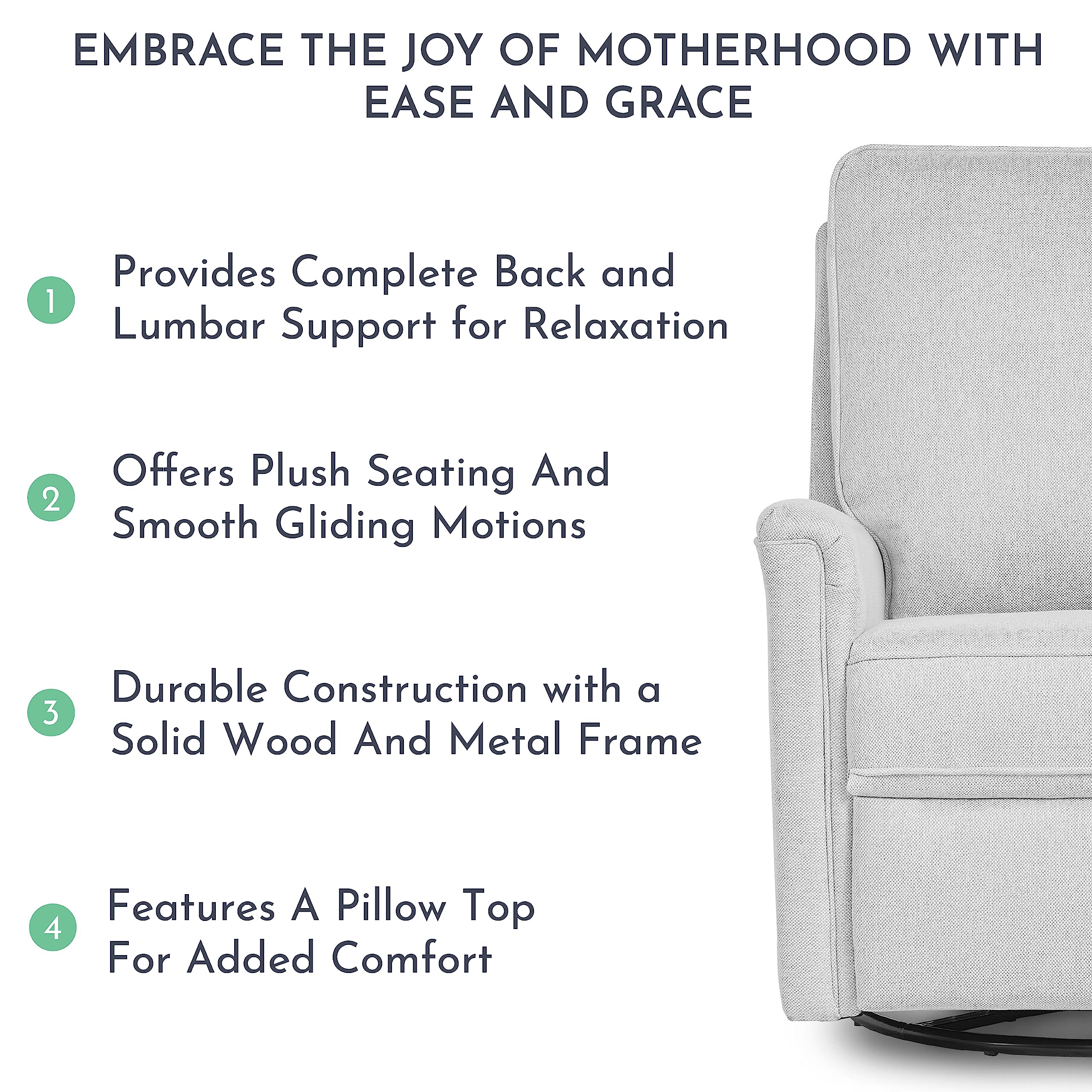 Evolur Beau Upholstered Seating Swivel, Manual, Greenguard Gold Certified, Chair, Modern Nursery Recliner, Tool-Free Assembly Glider, Morning Grey