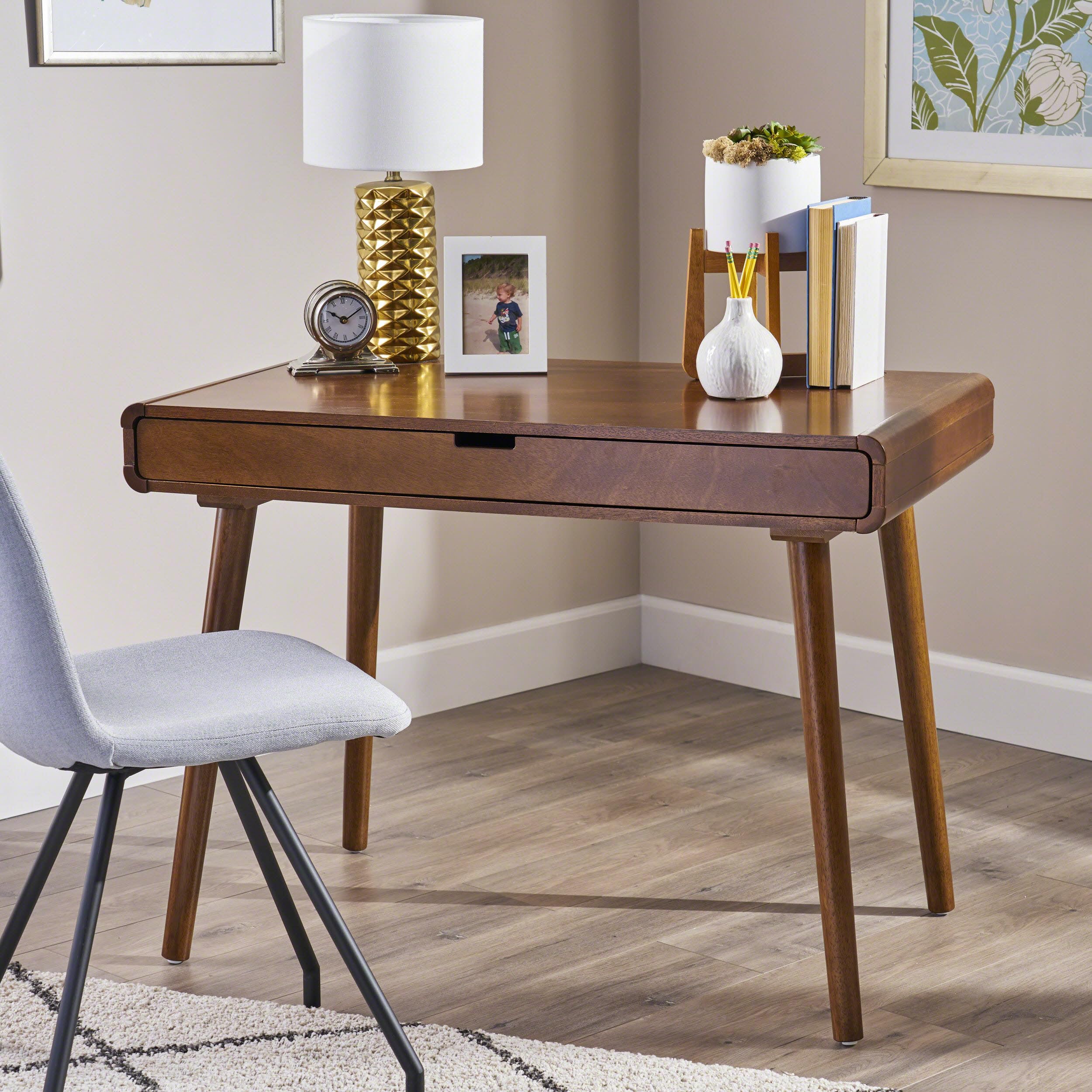 HyorecyTech Home Office Vintage Desk with rubberwood Legs, Solid Wood Writing Desk with Large Drawer, Mid Century Solid Wood Computer Desk for Home Office, Reading Room (Wood Desk- Brown)