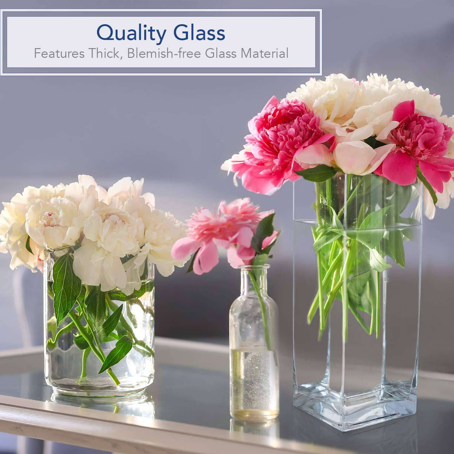 Royal Imports Flower Glass Vase Decorative Centerpiece for Home or Wedding - Tall Rectangle Shape, 12" Tall, 5"x5" Opening