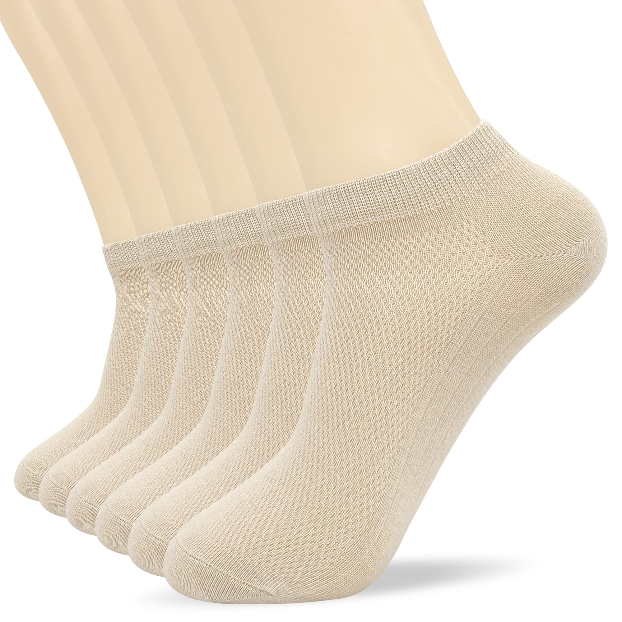 HaloYIYI Men's 6 Pairs Low Cut Breathable Mesh Thin Moisture Wicking Ankle Socks No Show (Men's Shoe Size 6-10, Beige)