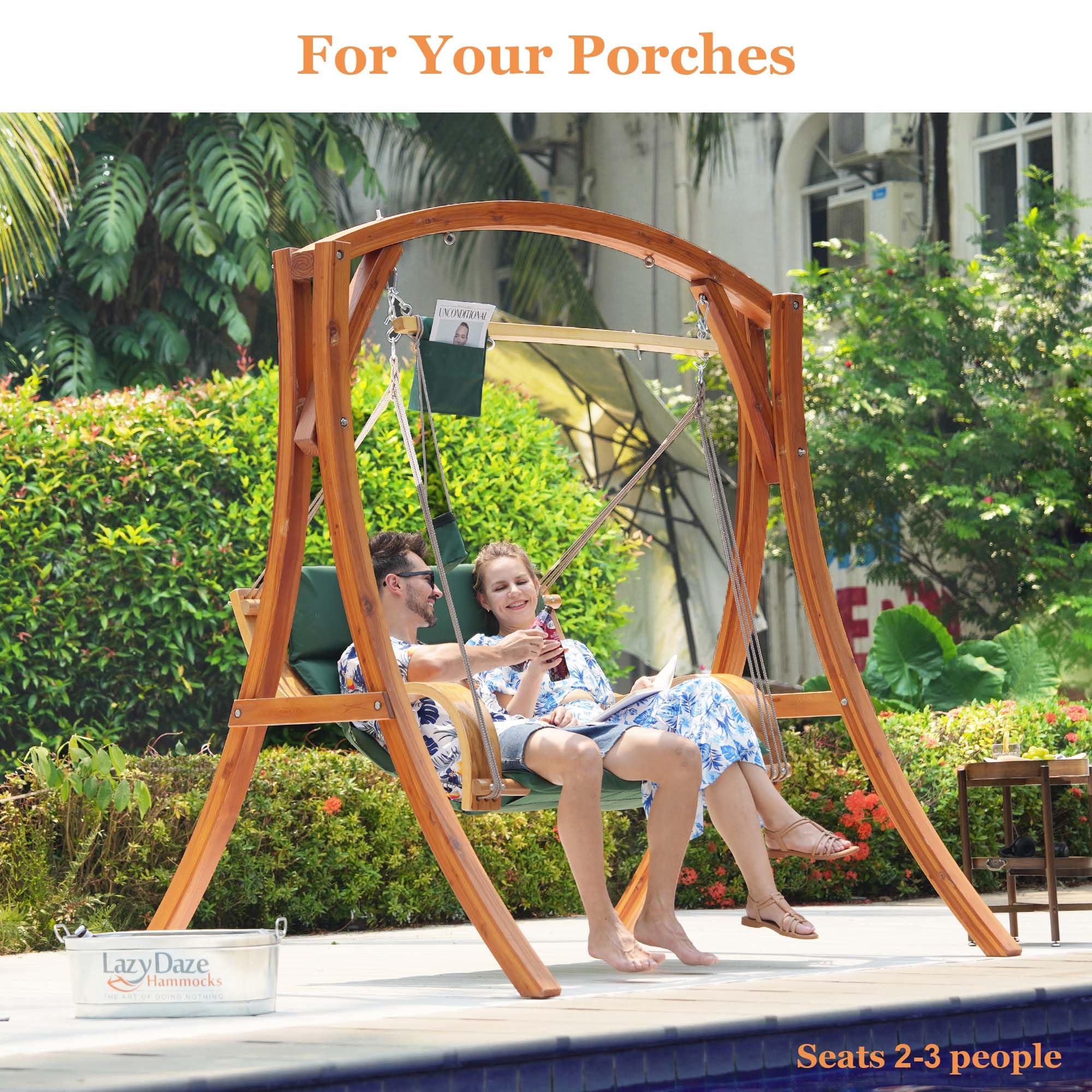 Lazy Daze Hammock Heavy Duty Wooden Curved Frame Swing Stand for Adults Kids, Sturdy Indoor and Outdoor A-Frame Porch Swing Bench Stand,Weight Capacity 1000 LBS