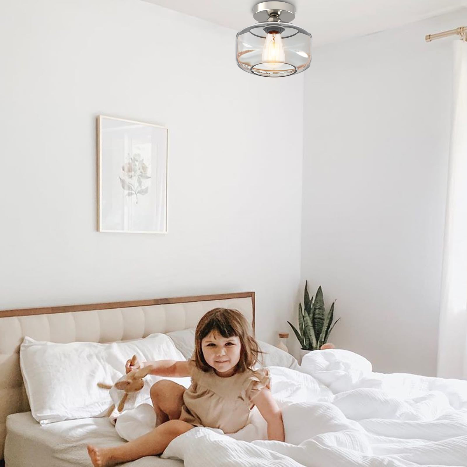 CNSUNWAY Semi Flush Mount Ceiling Light, Clear Glass Shade, E26 Bulb Base, Modern Farmhouse Light Fixtures for Kitchen Hallway Bedroom, Industrial Lamp, Ceiling Light Fixture (Bulb Not Included)
