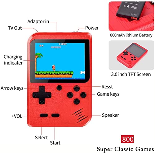 Hand-held game console, retro portable mini game console with 500 classic FC games, TV connection support, two player for kids and adults, 800mAh rechargeable (red), multilingual switch.