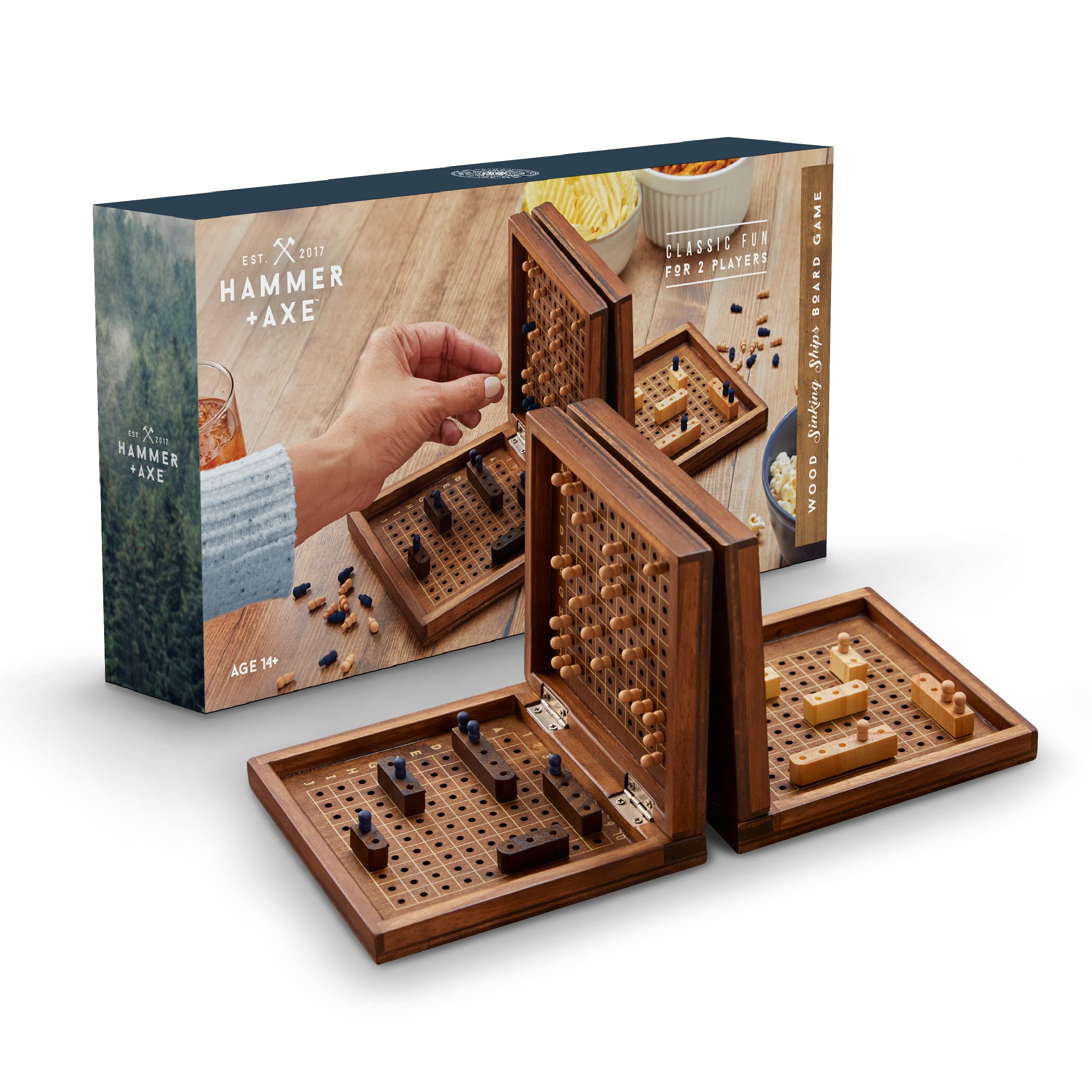 Hammer + Axe Wooden Sinking Ships 2-Player Board Game, Quality Crafted Wood, Portable Vintage Design, Great for Beach Camping Parties & Travel
