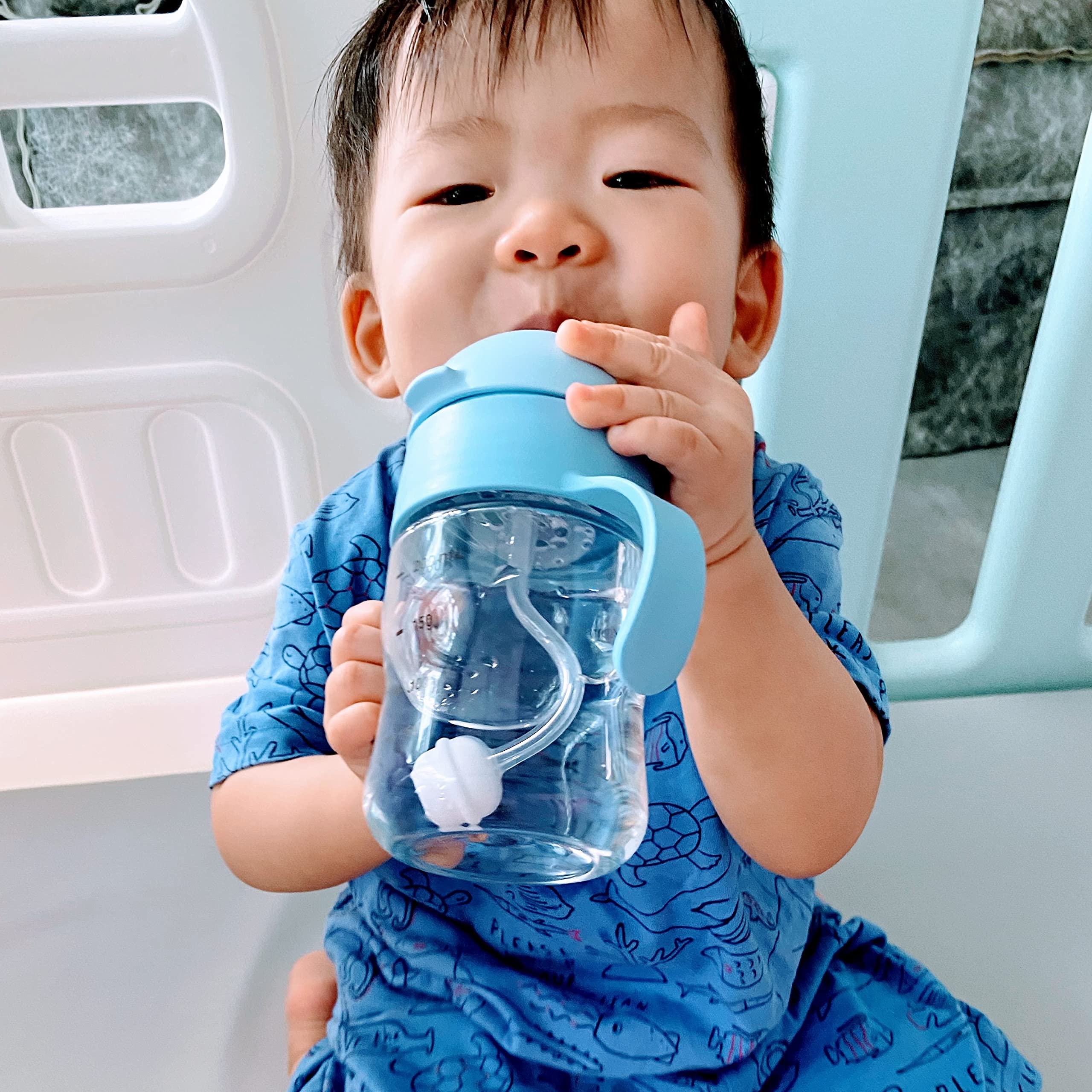 Evorie Tritan Weighted Straw Baby Sippy Cup 7 Oz Leak Poof with Handles for 6 Months Above, Twin Bundle (BlueMoon + Mint)