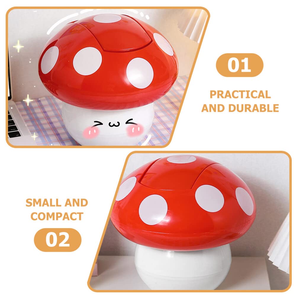 HOLIDYOYO Cute Trash Can Mushroom Waste Bin Desktop Trash Can Wastebasket Mini Desk Trash Can with Lid Creative Tiny Countertop Garbage Can Small Plastic Storage Bin Home Accessory