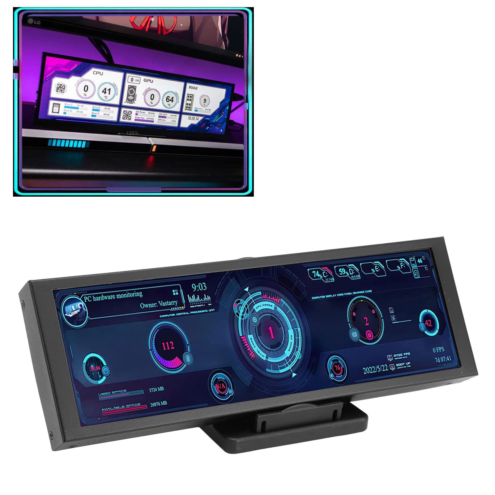 FOTABPYTI Computer CPU Monitor, 7.9 Inch Multifunction Dimmable PC CPU Monitor for Chassis