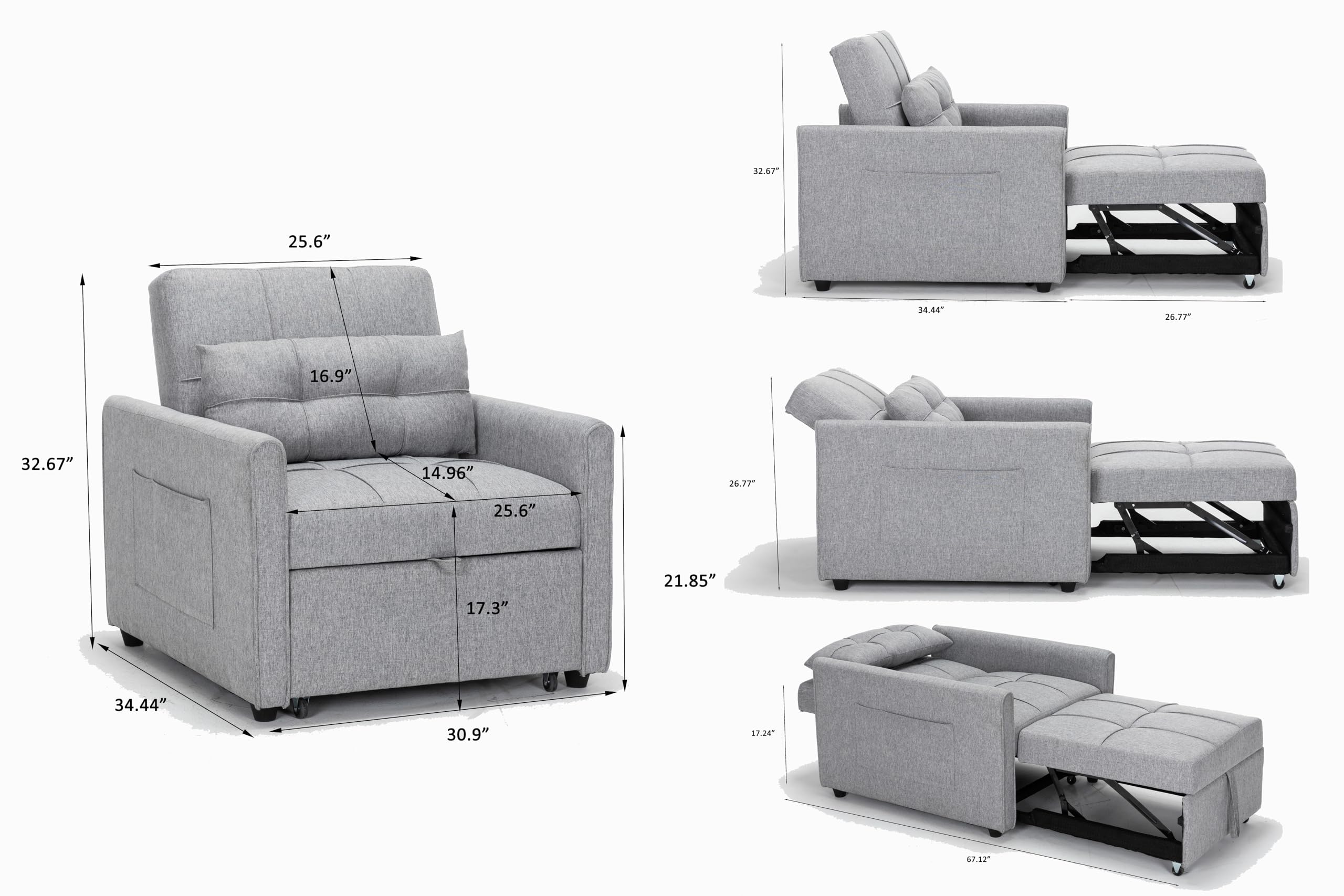 MODCART 30" Sleeper Sofa Chair Bed,Modern Convertible Couch Chair 3-in-1,Adjustable Backrest Lounger Sleeper with Side Pocket for Living Room Apartment Office