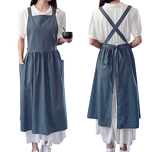 TALIBSA Pinafore Apron DressďźJapanese Cotton Linen Cross Back Apron for Women with PocketsďźPinafore Dress with Waist Ties (Turquoise Blue)