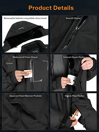Sportneer Men Waterproof Ski Jackets: Winter Spring Warm Snow Coats Windbreaker Hooded Raincoat Jacket Black L