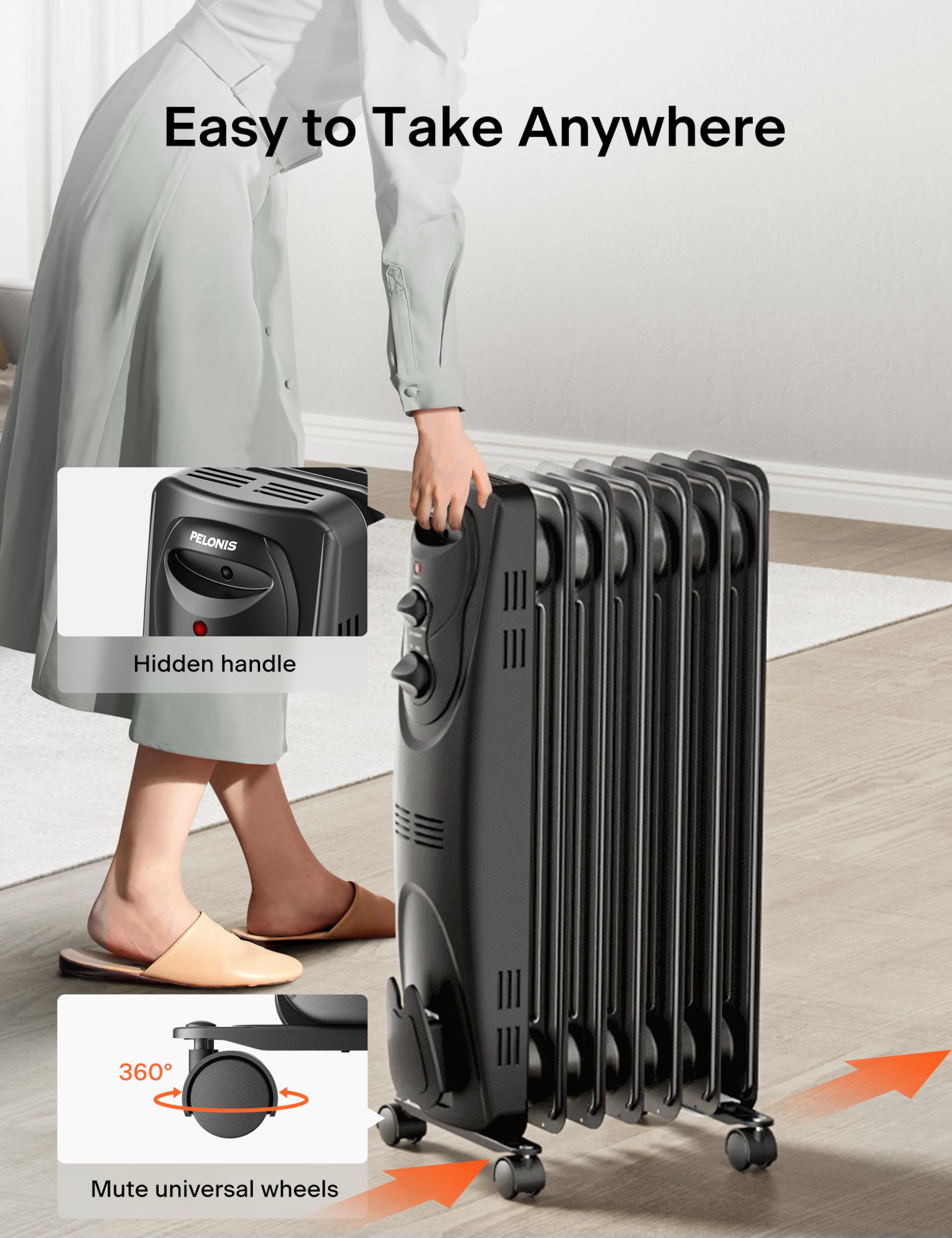 PELONIS Oil Filled Radiator Heater for indoor use Large Room Safe with Thermostat, 1500W Energy Efficient Quiet Space Heater, 3 Heat Settings, Overheat & Tip-Over, Black