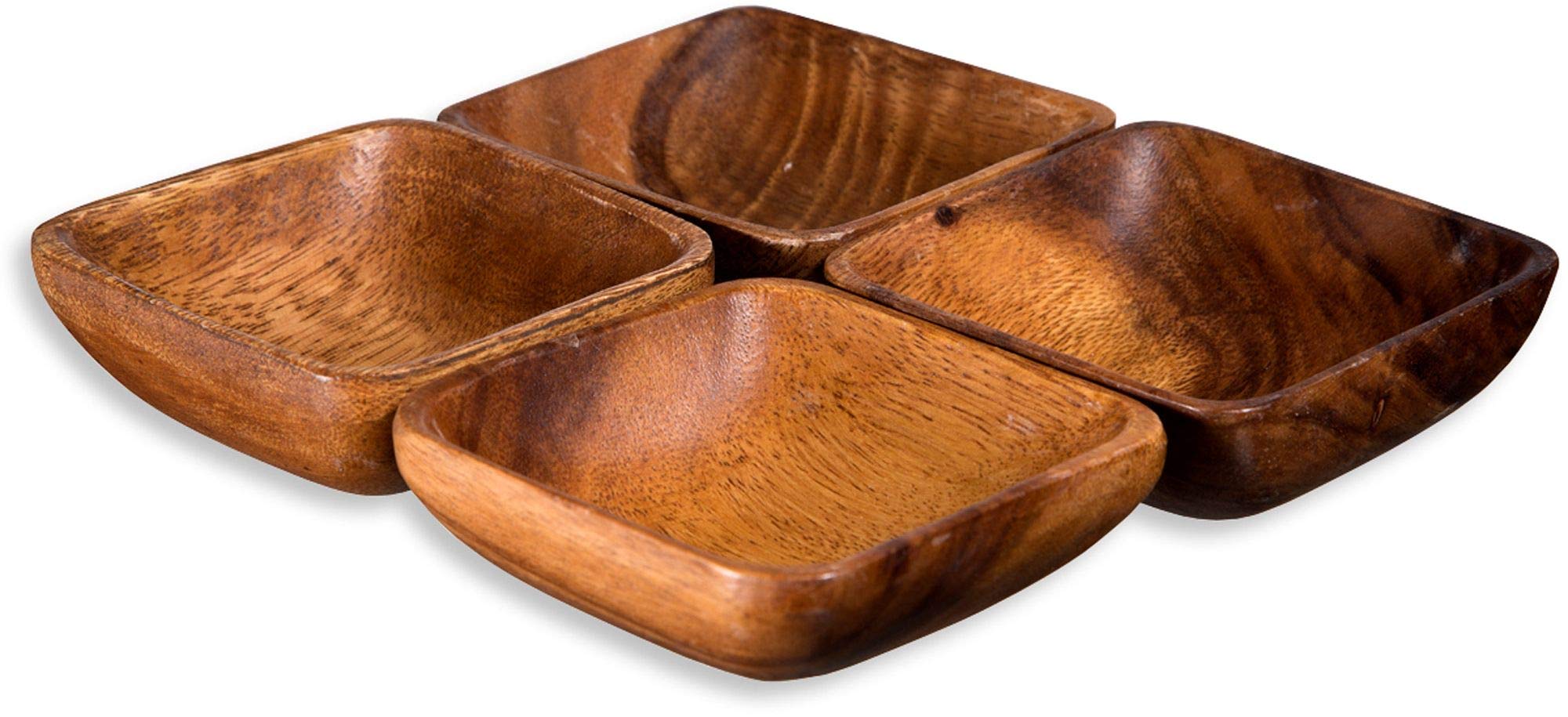 Glaver's Natural Acacia Wooden Bowls Hand-Carved Calabash Dip Tray Bowl S/4 Ideal for Appetizers, Dips, Sauce, Nuts, Candy, Olives, Seeds, Desserts and More. (Square)
