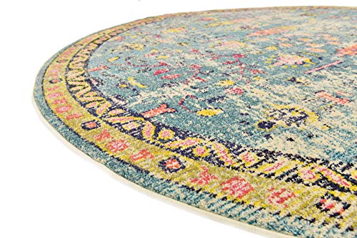 Unique Loom Monterey Collection Vintage Bohemian Inspired with Distressed Tribal Design Area Rug, Round 8' 0" x 8' 0", Blue/Yellow