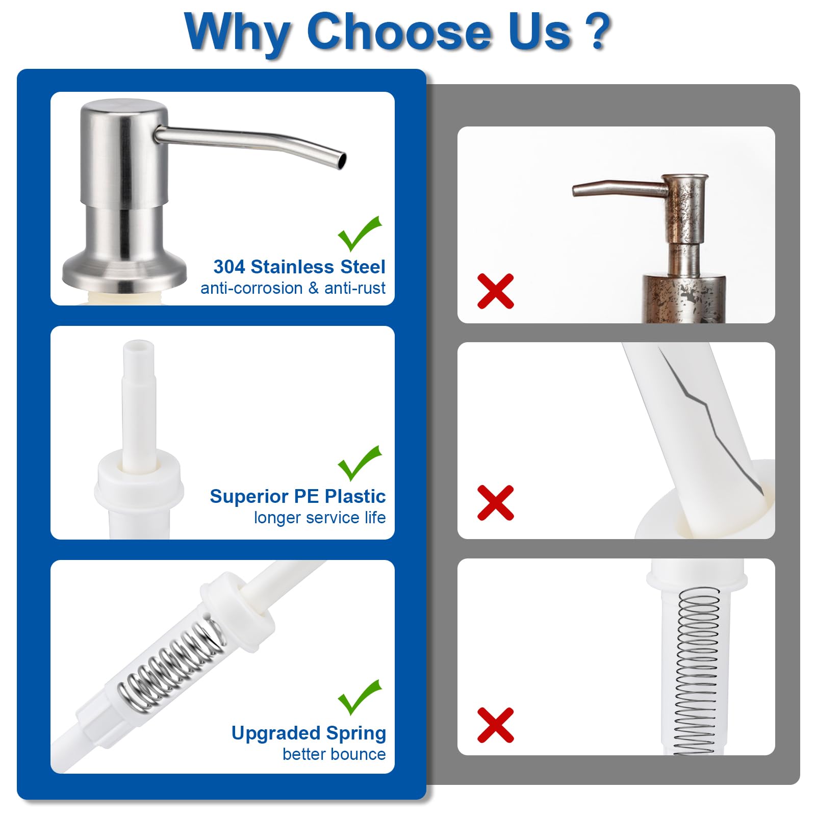 Husfunov Soap Dispenser for Kitchen Sink, Built in Sink Soap Dispenser (Brushed Nickel), Countertop Dish Soap Dispenser Stainless Steel Pump with 47" Extension Tube kit, No Need to Frequent Refills