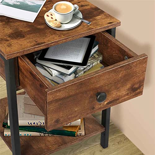 HIGOH Bedside Table 2 Tier Wooden Nightstands Tables with Drawer Rustic Bedroom Bed Side Table with Metal Frame for Bedroom Living