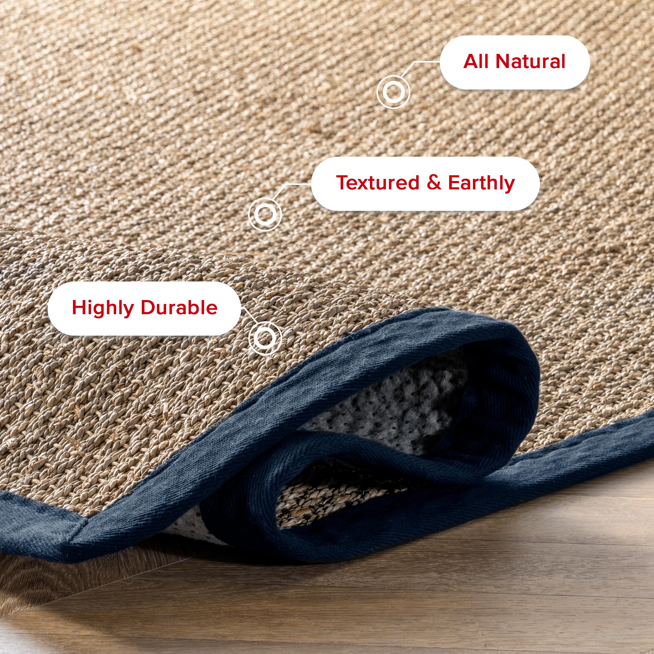 nuLOOM 4x6 Elijah Seagrass Area Rug, Navy, Solid Farmhouse Style, Cotton Bordered, Basketweave, Natural Fiber, For Bedroom, Dining Room, Living Room, Hallway, Office, Kitchen, Entryway