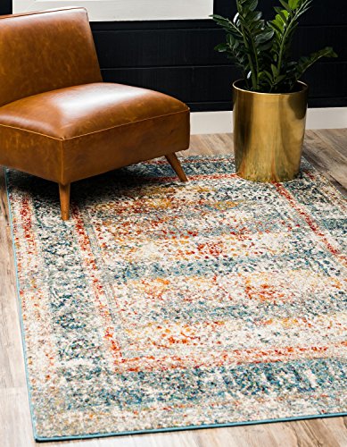 Unique Loom Rosso Collection Vintage, Traditional, Bohemian, Border, Distressed, Southwestern Area Rug, 5' 0" x 8' 0", Blue/Ivory