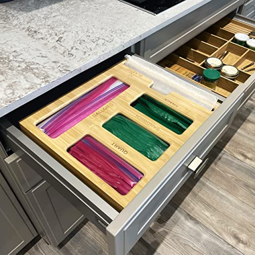MillTu Ziplock Bag Storage Organizer for Kitchen Drawer, 5 in 1 Bamboo Food Storage Bag Organizer with Plastic Wrap Organizer, Compatible with Gallon, Quart, Sandwich, Snack Bag & Kitchen Rolls