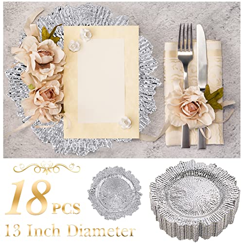Mimorou 18 Pack Reef Charger Plates Plastic Snowflake Charger Plates Wedding Floral Charger Plates Decor for Christmas Dinner Wedding Party Event Supplies, 13 Inch (Silver)