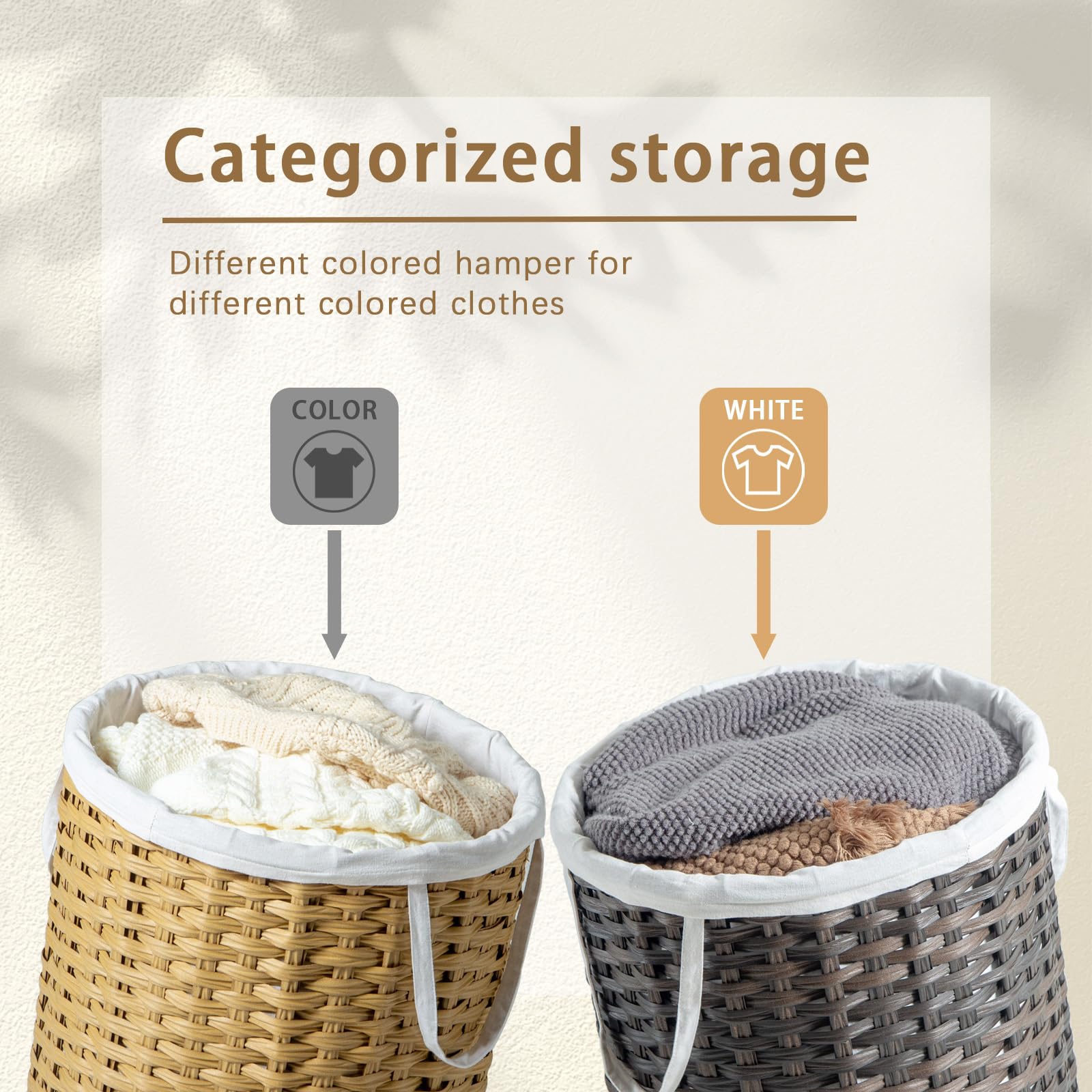 KUREEISE Laundry Basket, Handwoven Rattan Laundry Hamper, No Install Needed, 26.5 Gal (100L) Round Clothes Hamper with Removable Bag & Handles, Foldable Storage Basket for Bedroom(Brown)