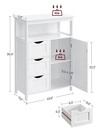 VASAGLE Bathroom Floor Storage Cabinet, Bathroom Storage Unit with 3 Drawers, Bathroom Cabinet Freestanding, Adjustable Shelf, 11.8 x 23.6 x 35.4 Inches, White UBBC542P31