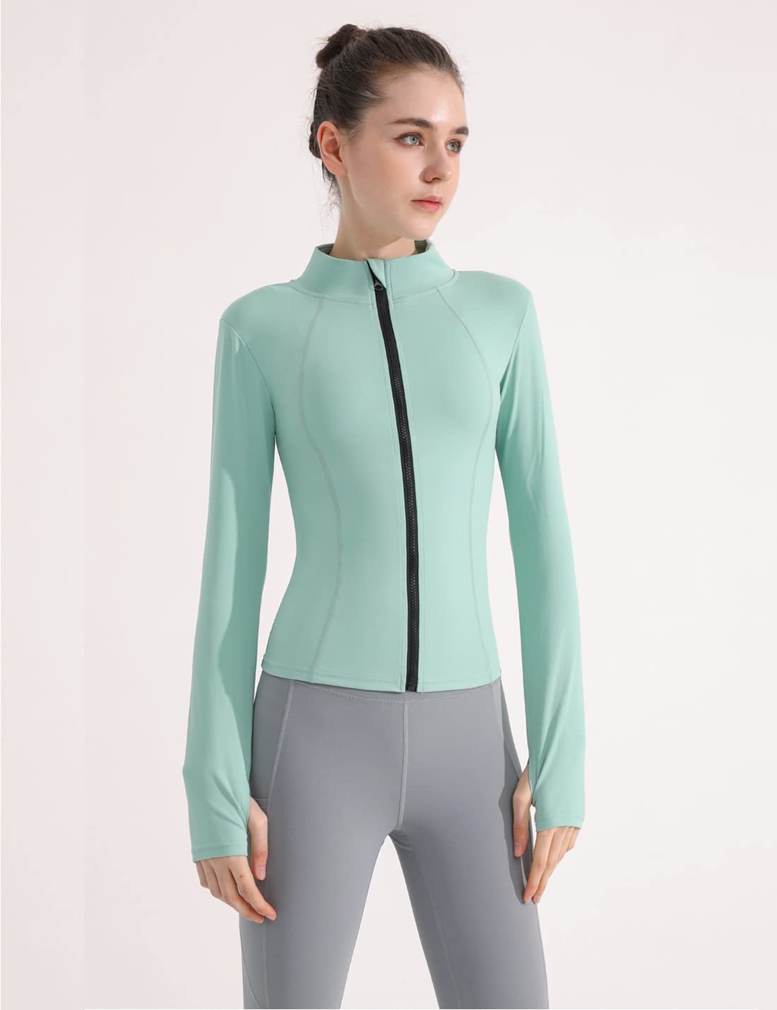 Gacaky Women's Lightweight Athletic Full Zip Seamless Workout Track Jacket with Thumb Holes Style 2 Light Green M (GACA00320052)