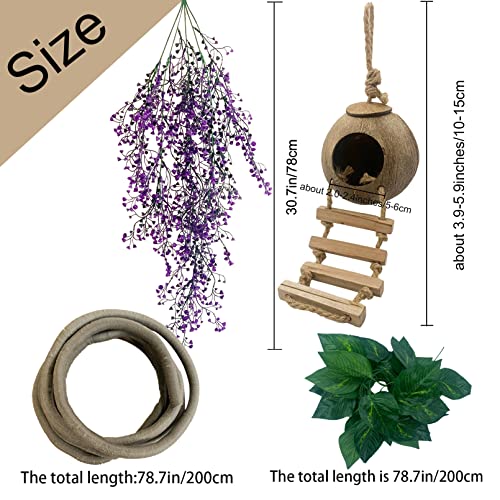 MUYG Lizard Coco Den with Ladder,Crested Gecko Coconut Husk Hut Reptile Shell Hideout Home Climbing Plants Tank Decor Terrarium Plastic Plant Leaves for Bearded Dragon Chameleon Snakes