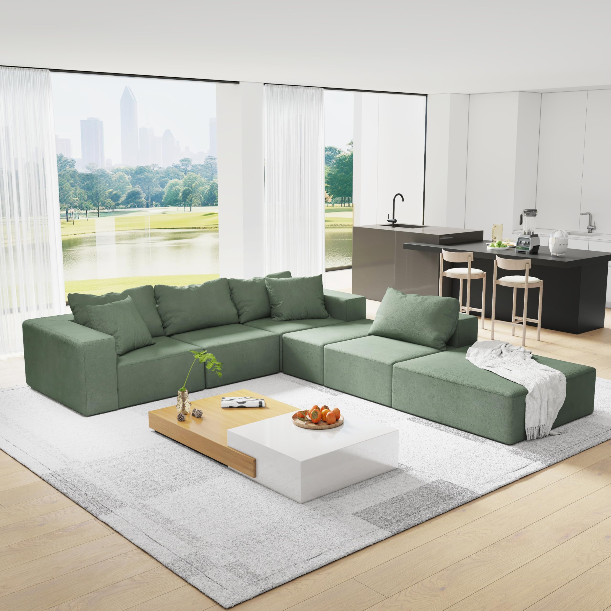 JUIKURY Modern Upholstered Sectional Sofa Couch Set,Modular 132" L Shaped Sectional Living Room Sofa Set with 6 Pillows,Free Combination Sofa Couch for Living Room,Bedroom